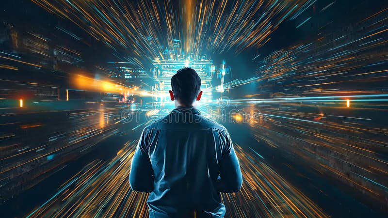 A Man Stands Mesmerized by the Expansive Digital Cosmos, Enveloped in ...