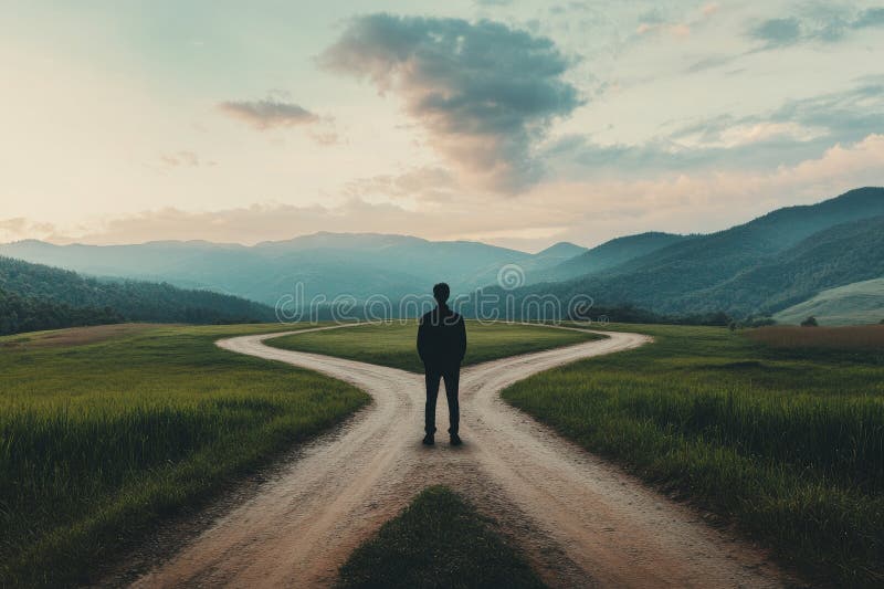 A Man Stands in the Middle of a Road with Two Paths Ahead of Him Stock ...