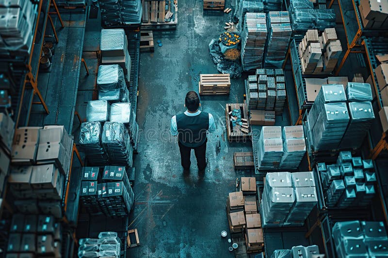 Man Standing in Warehouse stock illustration. Illustration of packaging ...