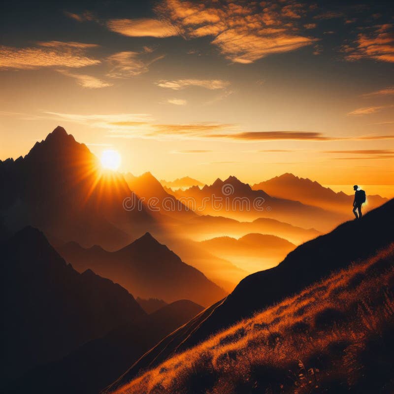 Man Stands on Mountain Path with Glorious Sunset Stock Illustration ...