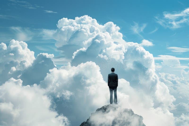 A Man Stands on a Mountain Top, Looking Up at the Sky Stock Photo ...