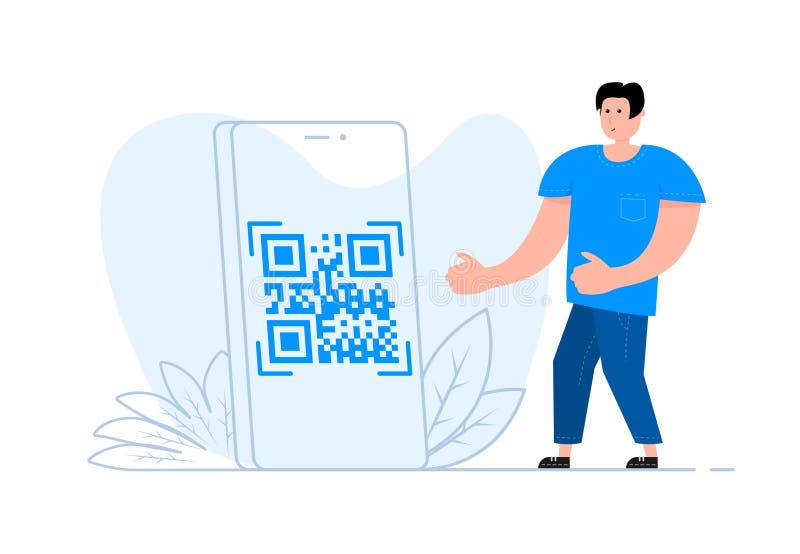 A Man Stands Near the Smartphone, on the Screen QR Code with Scan Me ...