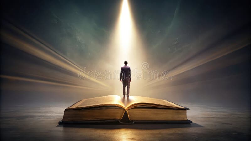 A Man Stands on an Open Book Facing a Bright Light, Seeking Knowledge ...