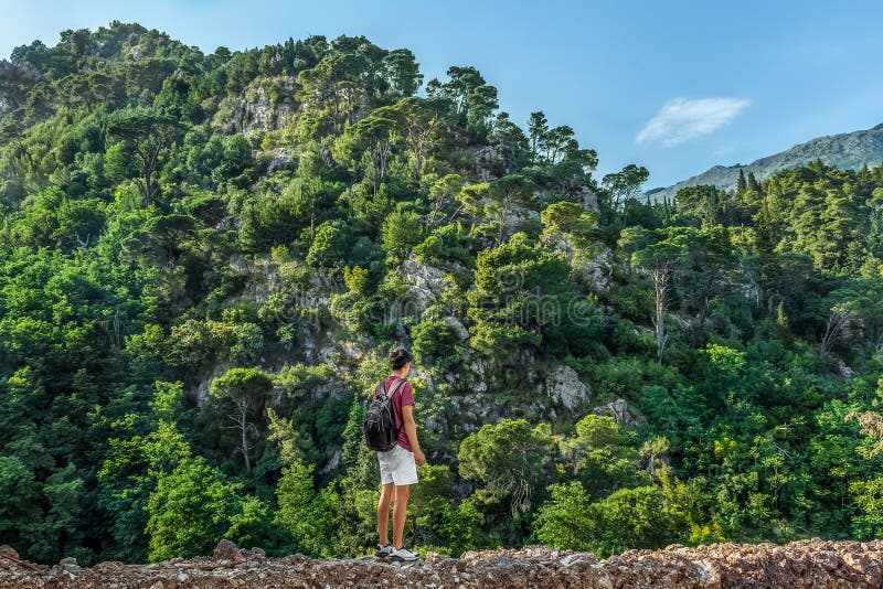 Man Stands Over a Cliff on the Backdrop of a Mountain Range Overgrown ...