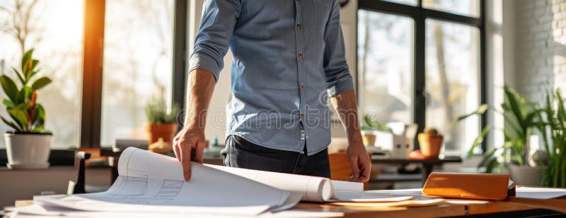 Man Architect Standing Over Table with Papers Stock Illustration ...