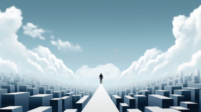A Man Stands on a Path between Two Rows of Cubes, AI Stock Illustration ...