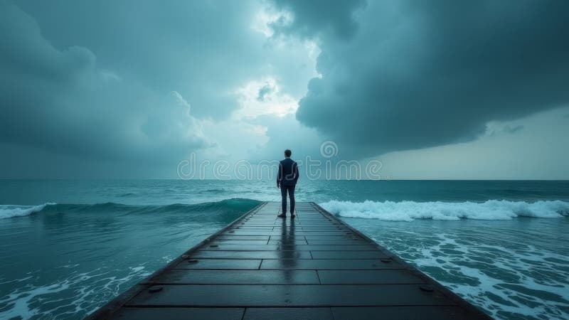 A Man Stands on a Pier during a Storm at Sea Stock Photo - Image of ...