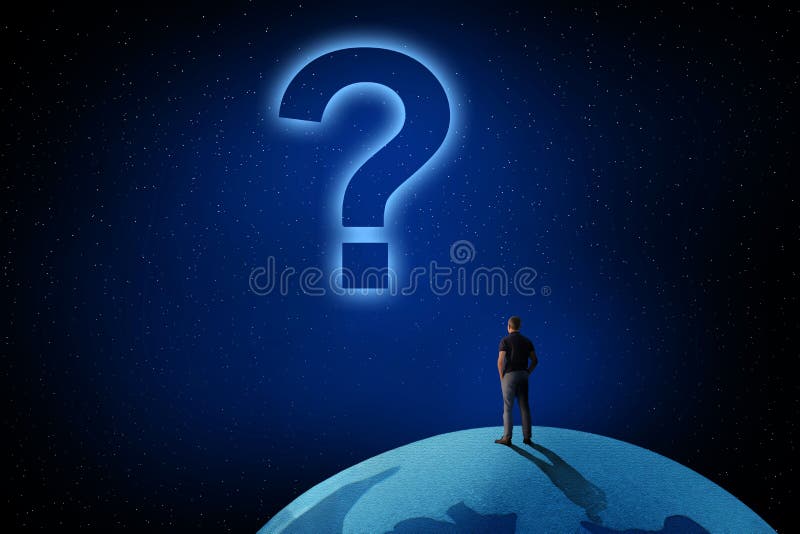 A Man Stands on the Planet in Front of a Big Question Mark. the Concept ...