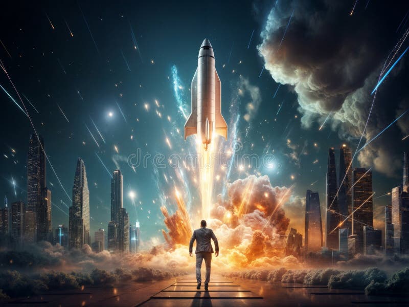 A Man Stands on a Platform in a Futuristic City, Watching a Rocket ...