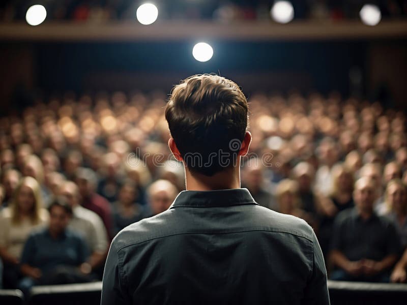 Man Speaking at Podium in Front of Audience, Delivering Speech on Stage ...
