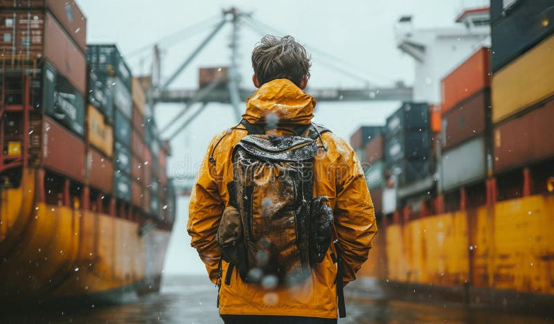 Man Stands in the Rain in Front of Shipping Containers Stock Image ...