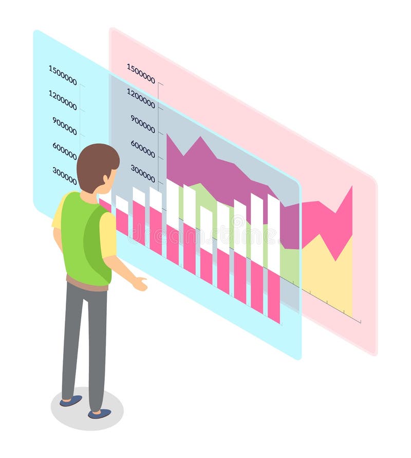 Man Stands and Researches Graph Data. Bar Chart and Area Chart ...