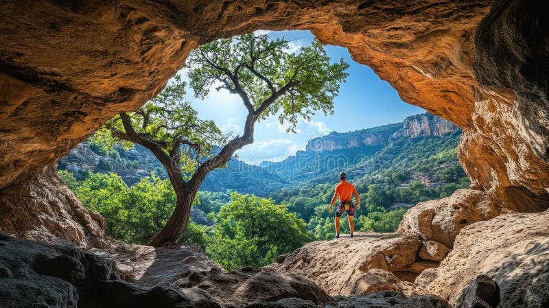 A Man Stands on a Rocky Ledge in a Cave Opening, Looking Out at a ...