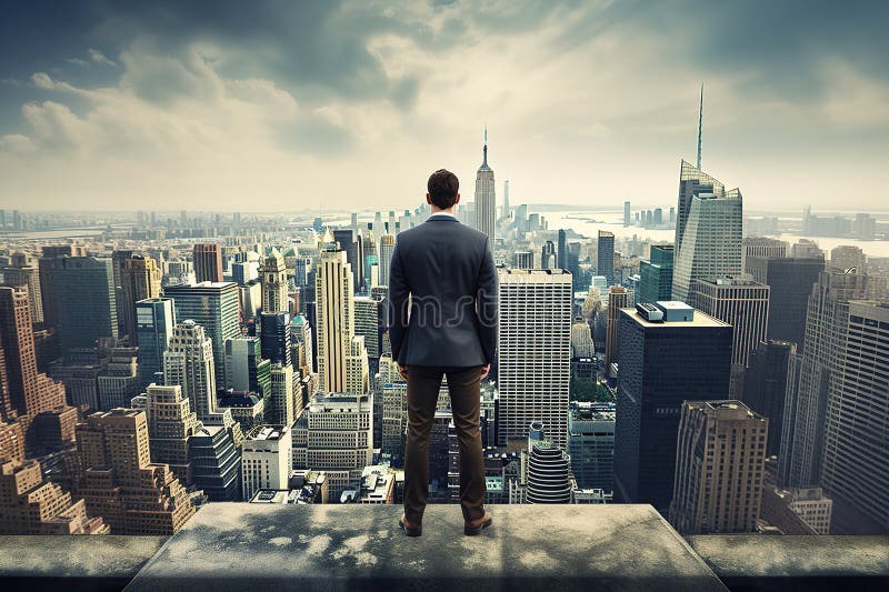A Man Stands on the Roof of a Skyscraper Overlooking the Metropolis ...