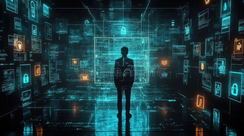 A Man Stands in a Room Full of Computer Screens Stock Image - Image of ...