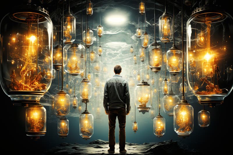 Man Stands in a Room with Many Light Bulbs, Explosion of Ideas ...