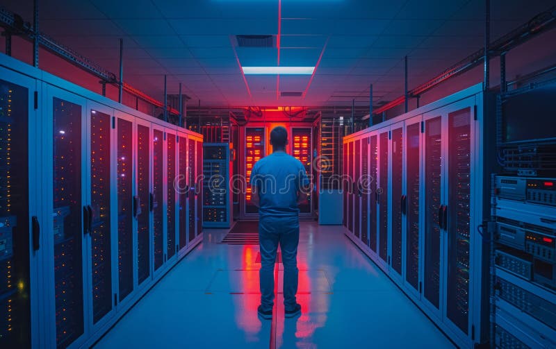 A Man in the Azure Data Center Building Stands among Electric Blue ...