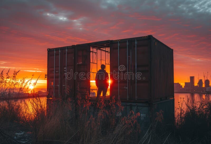 Man Stands in Shipping Container at Sunset Stock Illustration ...