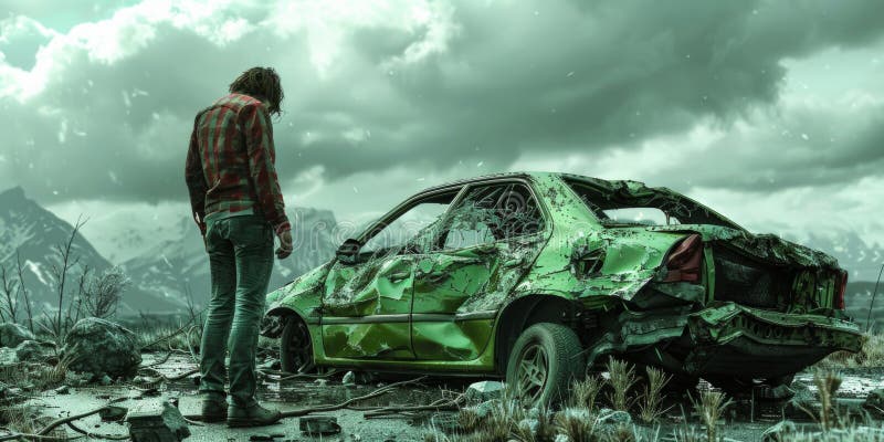 A Man Stands Solemnly in Front of a Wrecked Car, Contemplating the ...