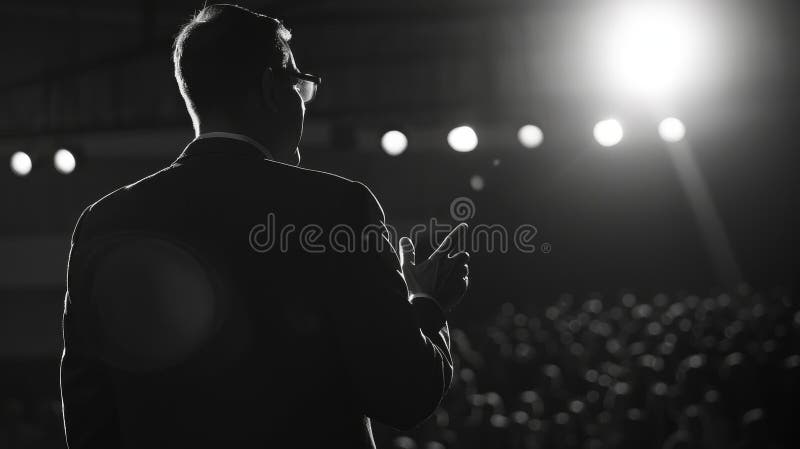 A Man Stands on Stage in Front of a Crowd, Giving a Speech Stock ...