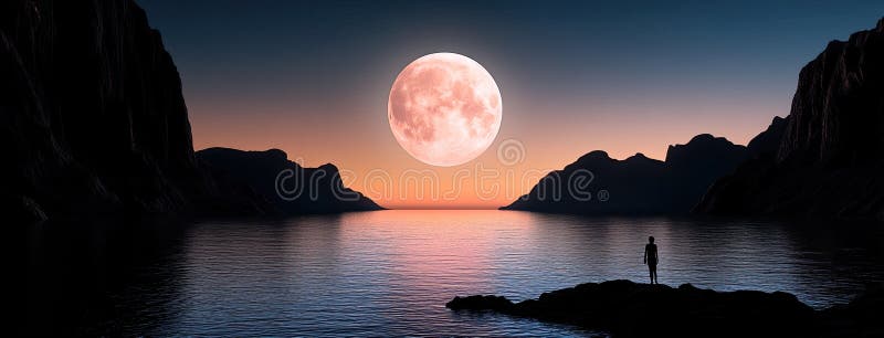 A Man Stands before a Stunning Red Moon Over Dark Mountains, while an ...