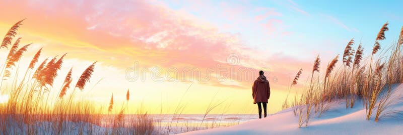Man Stands at Sunset on Beach Contemplating Paths Diverging in Soft ...