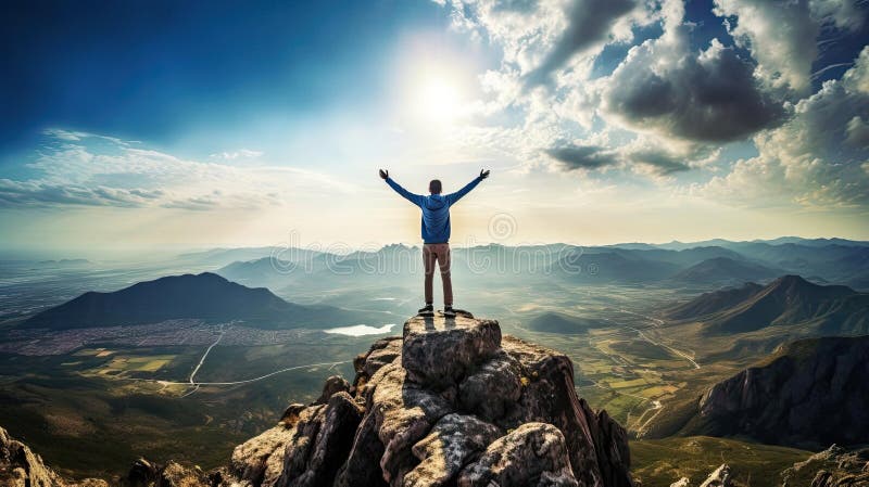 A Man Stands on the Top of a Mountain with His Hands Raised Stock Image ...
