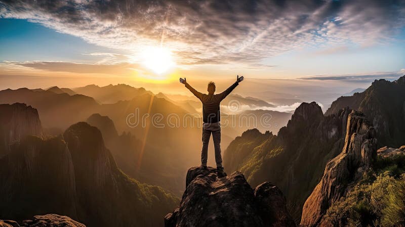 A Man Stands on the Top of a Mountain with His Hands Raised Stock ...
