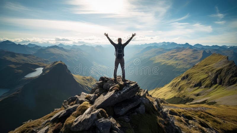 A Man Stands on the Top of a Mountain with His Hands Raised Stock ...