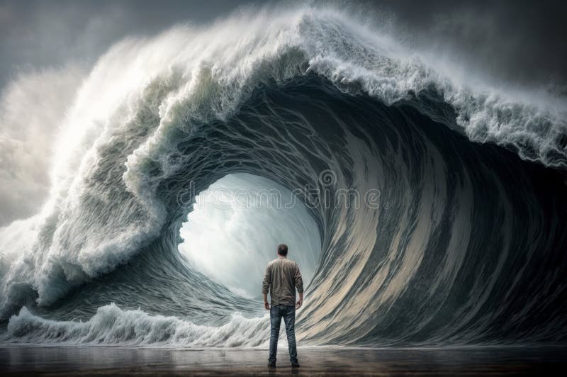 A Man Stands before a Towering Ocean Wave, Creating a Powerful and ...