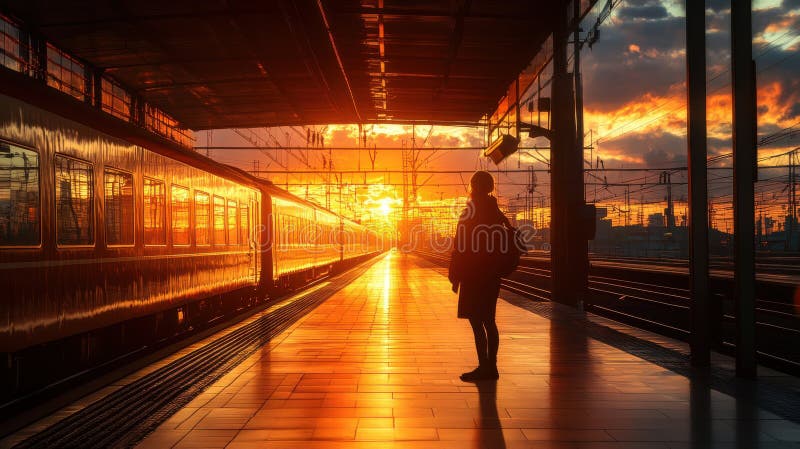 A Man Stands on a Train Platform at Sunset Stock Illustration ...
