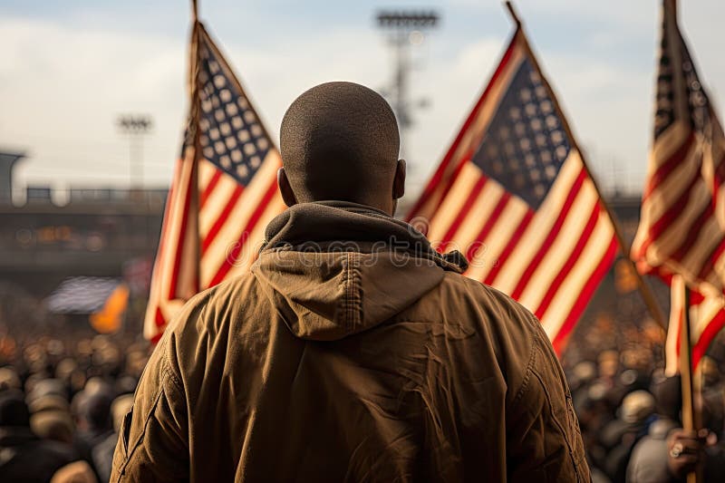 Man Stands Triumphantly Atop a Platform Draped in American Flags, AI ...