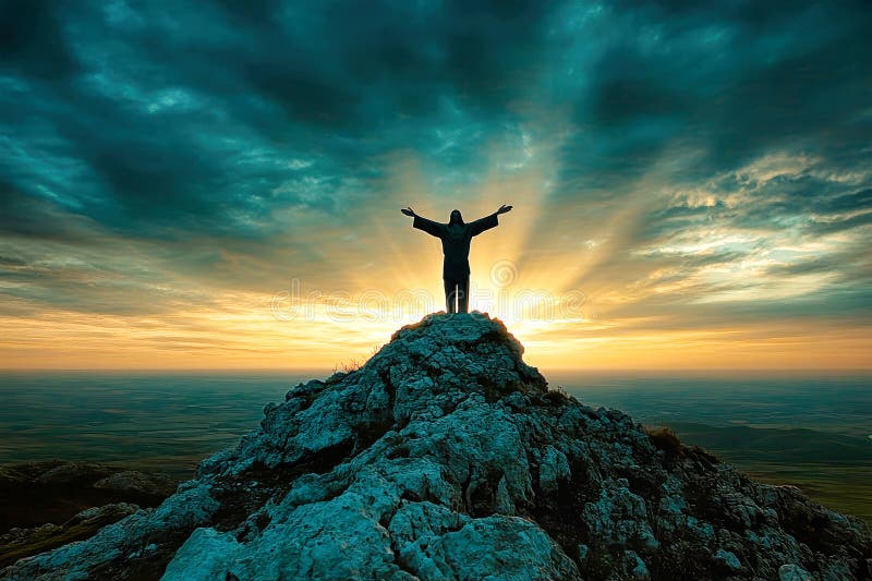 A Man Stands Triumphantly on a Mountain Peak at Sunset, Arms Raised ...