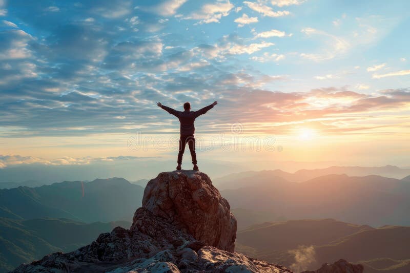 A Man Stands Triumphantly on a Mountain Summit, Arms Outstretched in a ...