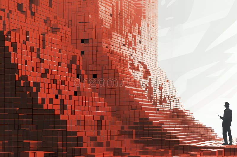 A Man Stands on a Very Large Stack of Many Red and White Block Shapes ...