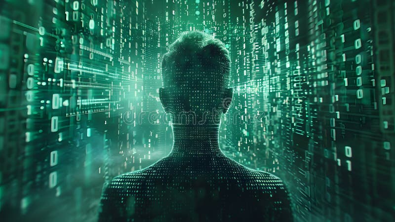 A Man Stands before a Wall of Binary Code, Immersed in Electric Blue CG ...