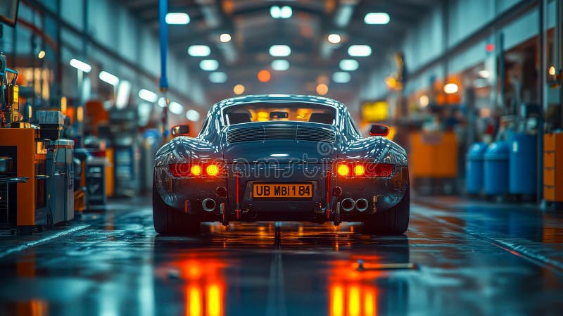 A Man Stands in a Well-lit Garage, Examining a Classic Car Stock Photo ...