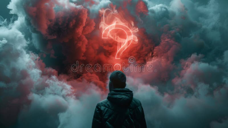 Man is Staring at a Red Question Mark in a Dramatic Sky, Feeling Lost ...