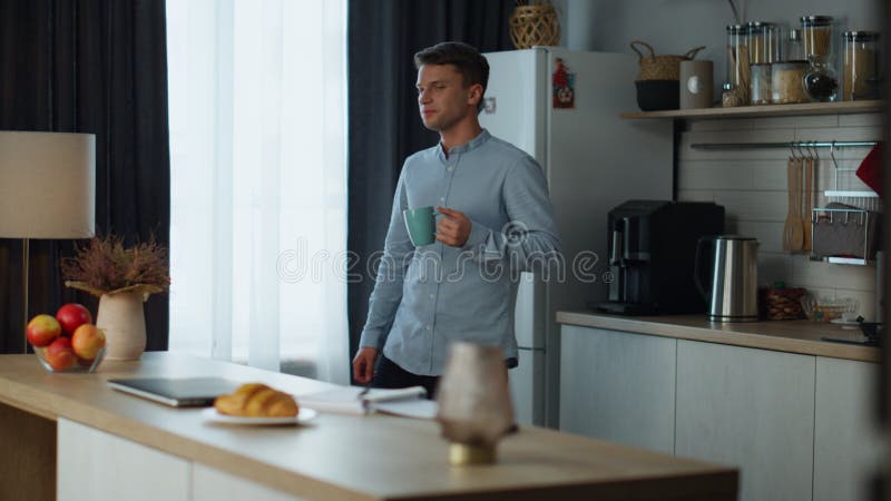 Man Start Work Laptop Sitting at Kitchen with Coffee. Freelancer Check ...