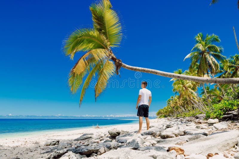 A Man Staying on the Beach. Slim Man Vacation on Paradise Beach Stock ...