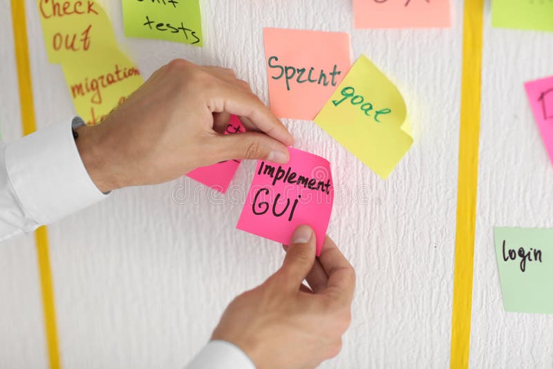 Man with Sticker Near Scrum Task Board in Office Stock Image - Image of ...