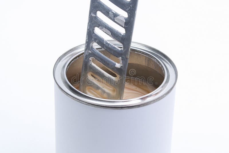 A Man Stirring White Paint in Can on White Background. Renovation ...