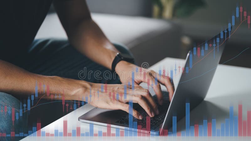 Man Stock Trading at Home Using Computer, Hands Typing on Laptop ...