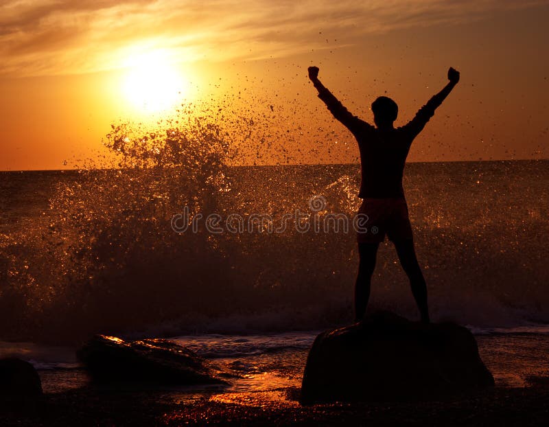 Silhouette Man Rising Arms Sea Sun Triumph Stock Image - Image of ...