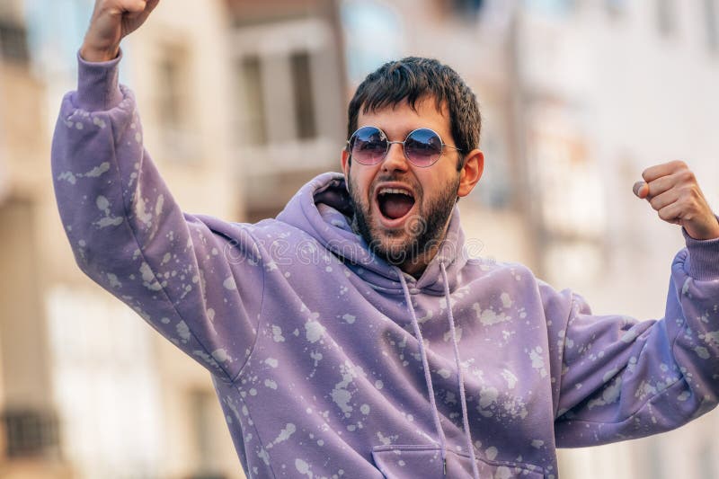 Man in the Street Celebrating Euphoric Stock Photo - Image of latin ...