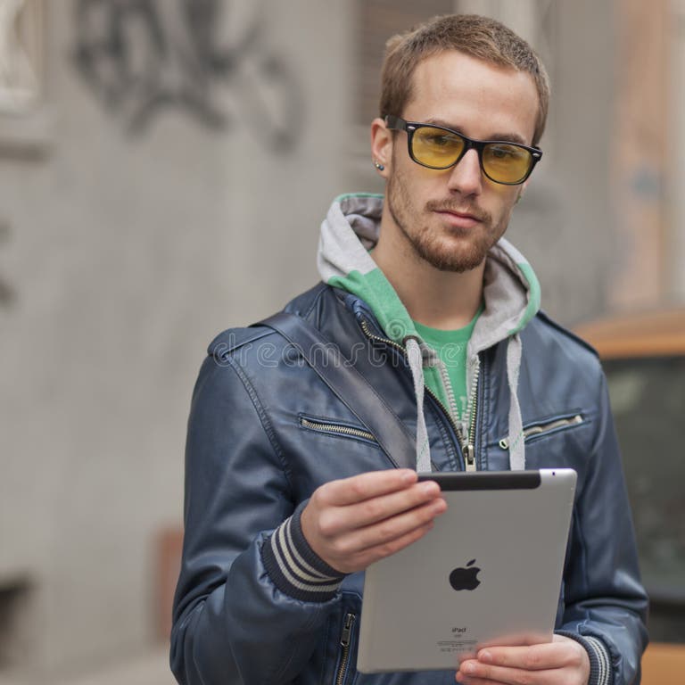 Man on Street Use Ipad Tablet Computer Editorial Image - Image of urban ...