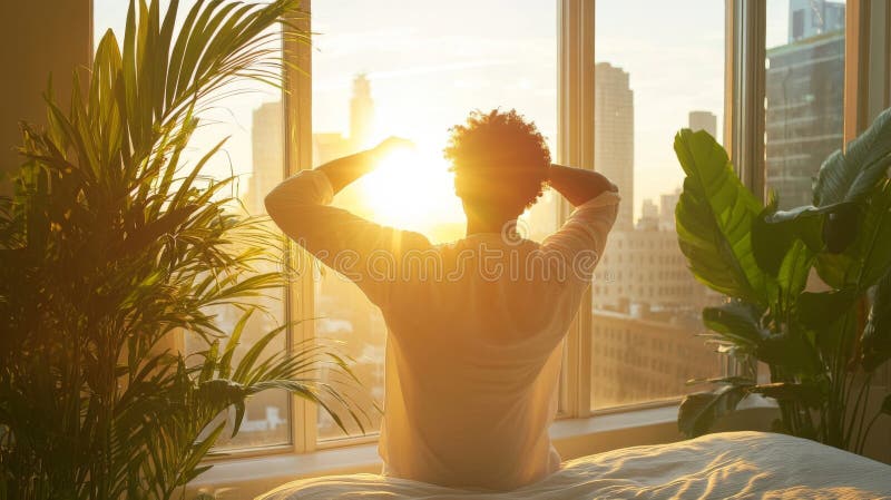 Man Stretching by Window at Sunrise, City View Stock Illustration ...