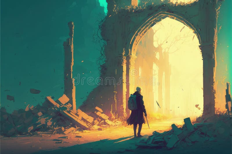 A Man Strides Towards the Gate of Light Amidst the Colossal Ruins Stock ...