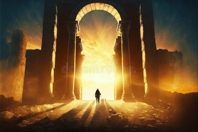 A Man Strides Towards the Gate of Light Amidst the Colossal Ruins Stock ...