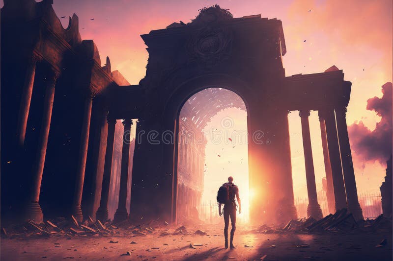 A Man Strides Towards the Gate of Light Amidst the Colossal Ruins Stock ...
